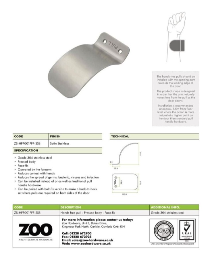 Zoo Hardware ZS-HFP001PBF-SSS Hands Free Pull Bolt Fixed – Pressed Body ...