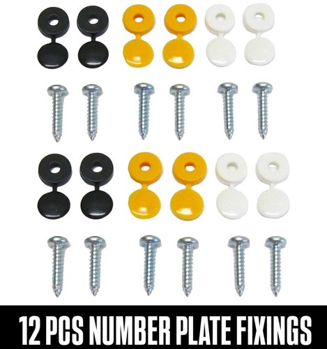 12 x NUMBER PLATE CAR FIXING FITTING KIT SCREWS & CAPS HINGED BLACK ...