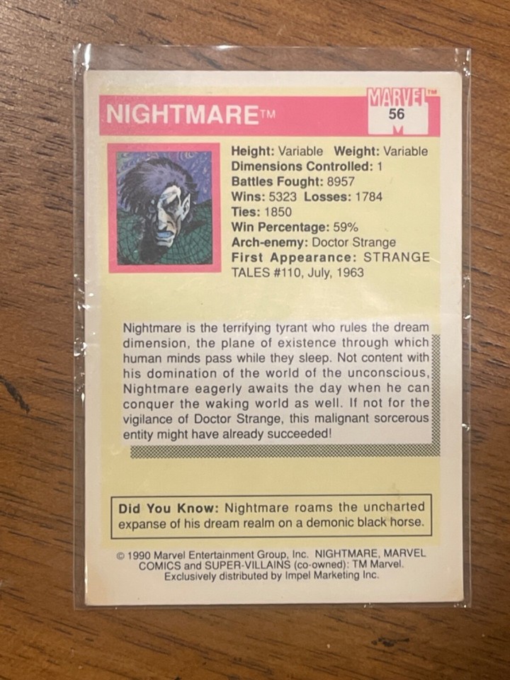 1990 Marvel Comics Universe Series 1 Super Villains NIGHTMARE Card #56 ...