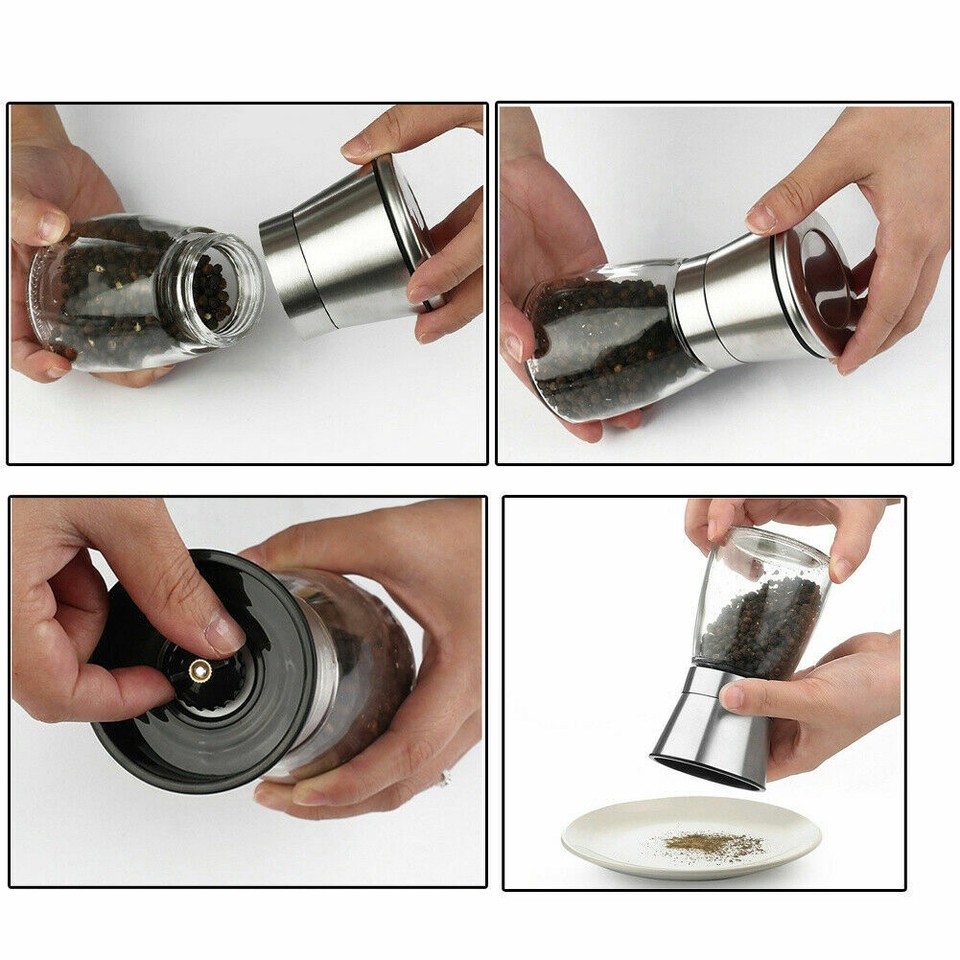 2PCS Salt Grinder Set Stainless Steel Glass Shaker Adjustable Mill ...