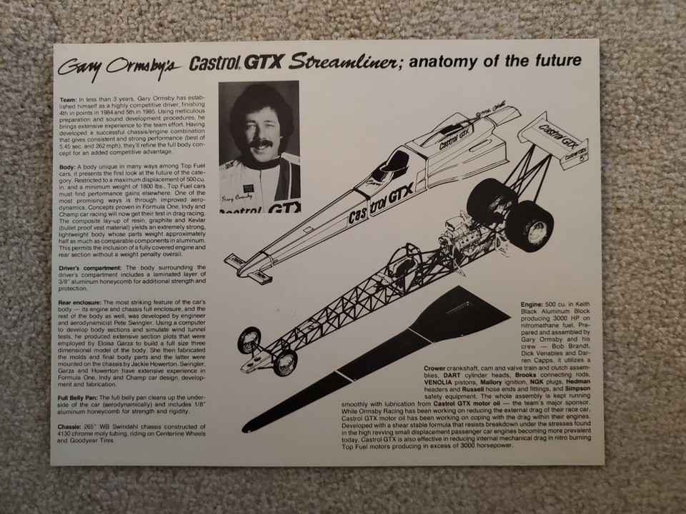 Gary Ormsby Castrol GTX Streamliner Top Fuel Dragster Handout/Hero Card ...