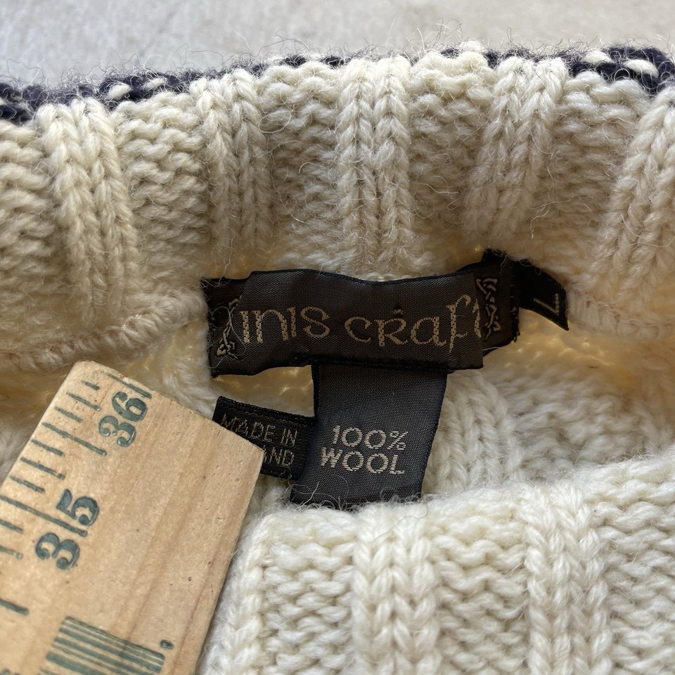Vintage 80s Inis Crafts Wool Sweater Sz L Cream Irish Chunky Hand Knit ...