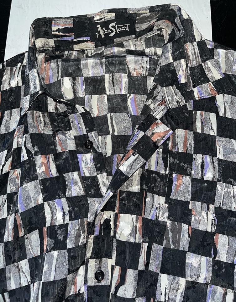 Alan Stuart Polo Shirt Banded Waist Fabric Abstract Checkered Geometric ...