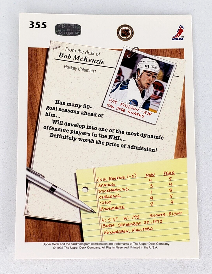 1992-93 Upper Deck Hockey Rookie Report Pat Falloon #355 San Jose ...