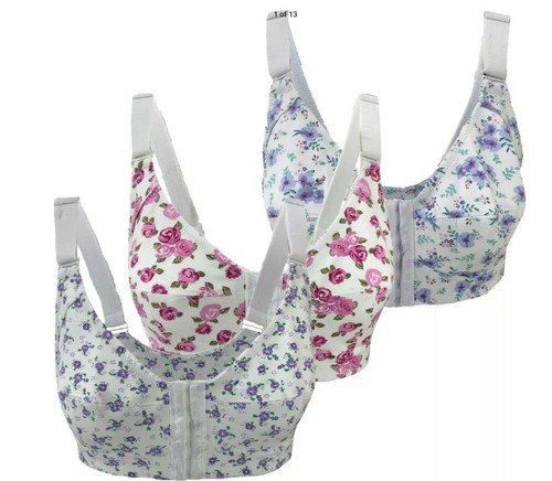 NEW LADIES COTTON RICH FLORAL PATTERN FRONT FASTENING BRA*NON WIRED/NON ...