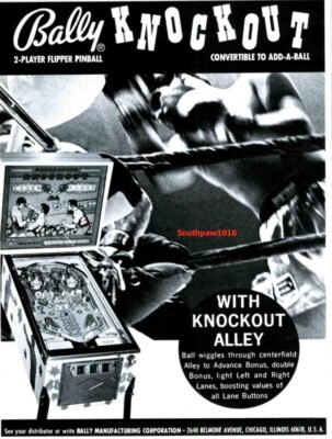 1975 "Knockout" Bally Pinball Machine Classic Game Release Promo ...