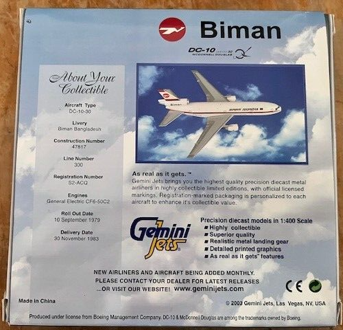 Gemini Jet 1/400 Diecast Biman McDonnell Douglas DC-10 S2-ACQ MIB | eBay UK