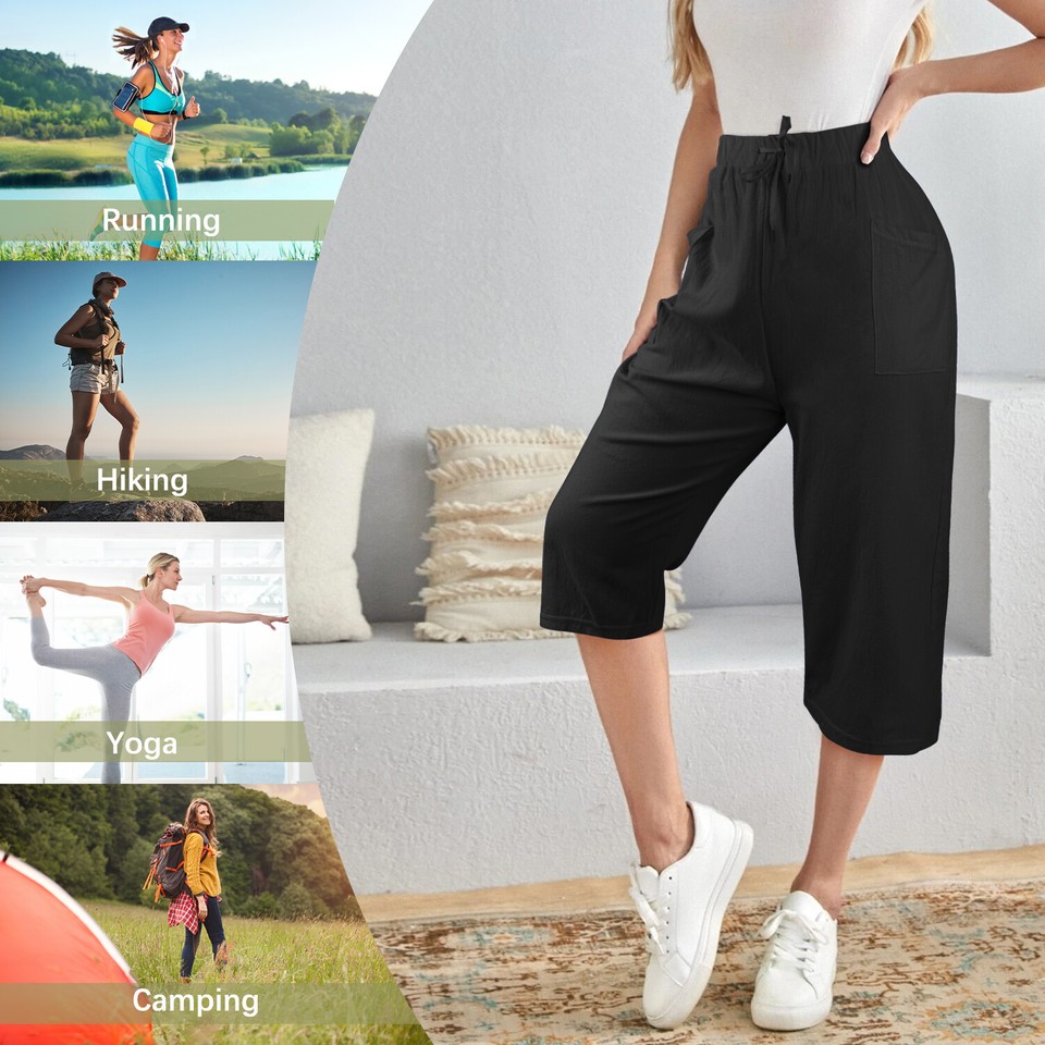 Women Casual Drawstring Yoga Capri Sweatpants Multi Pockets loose ...
