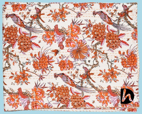 King Size Cotton Ralli Red Blanket Kantha Quilt Bird Print Throw Ethnic ...