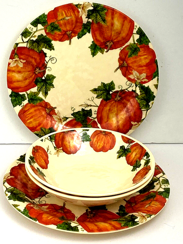 4 Piece Melamine Pumpkin Dinner Plate 10.5" Bowl 8" Snack SET Halloween ...