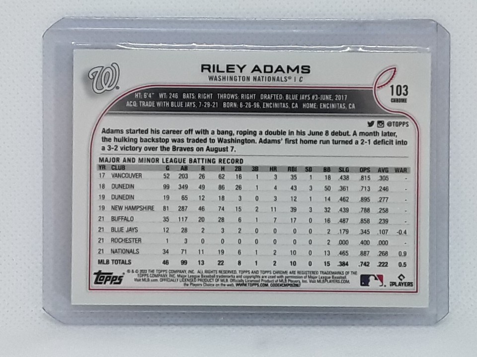 Riley Adams 2022 Topps Chrome Baseball - #103 RC - Washington Nationals ...