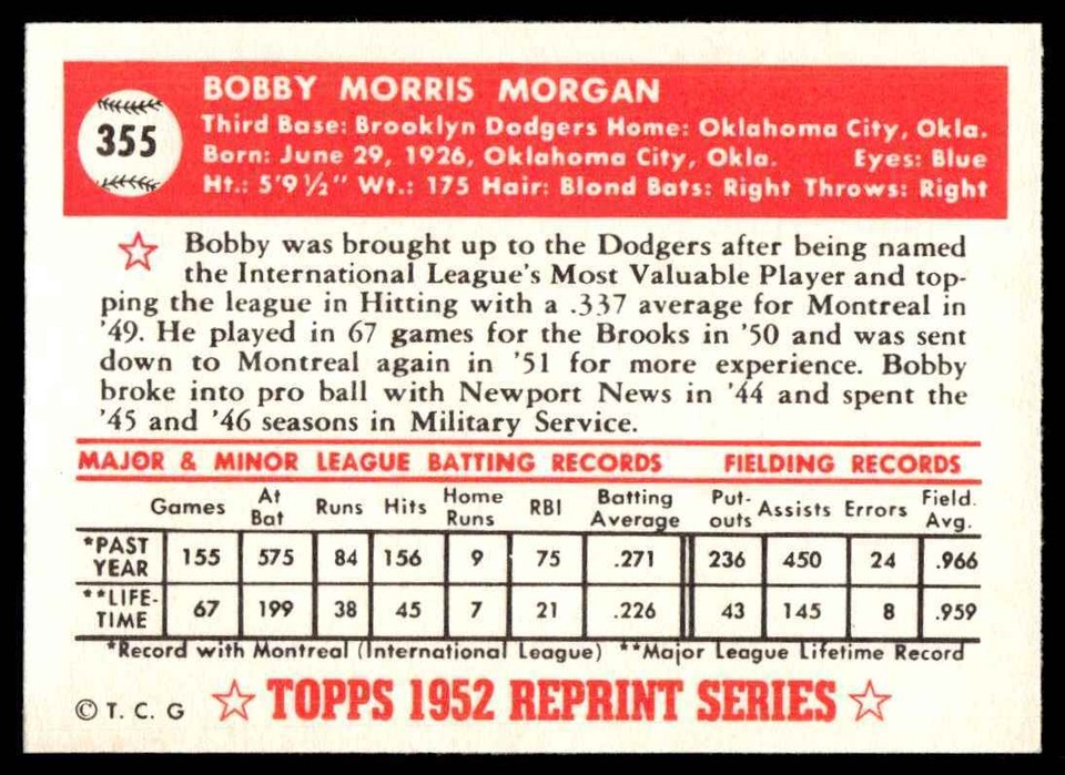 1983 Topps 1952 Reprint Series Bobby Morgan Brooklyn Dodgers #355 | eBay