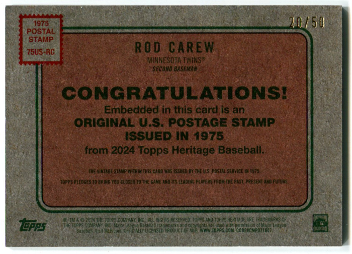 2024 Topps Heritage Rod Carew 1975 US Postage Stamp Relic SP 20/50 | eBay