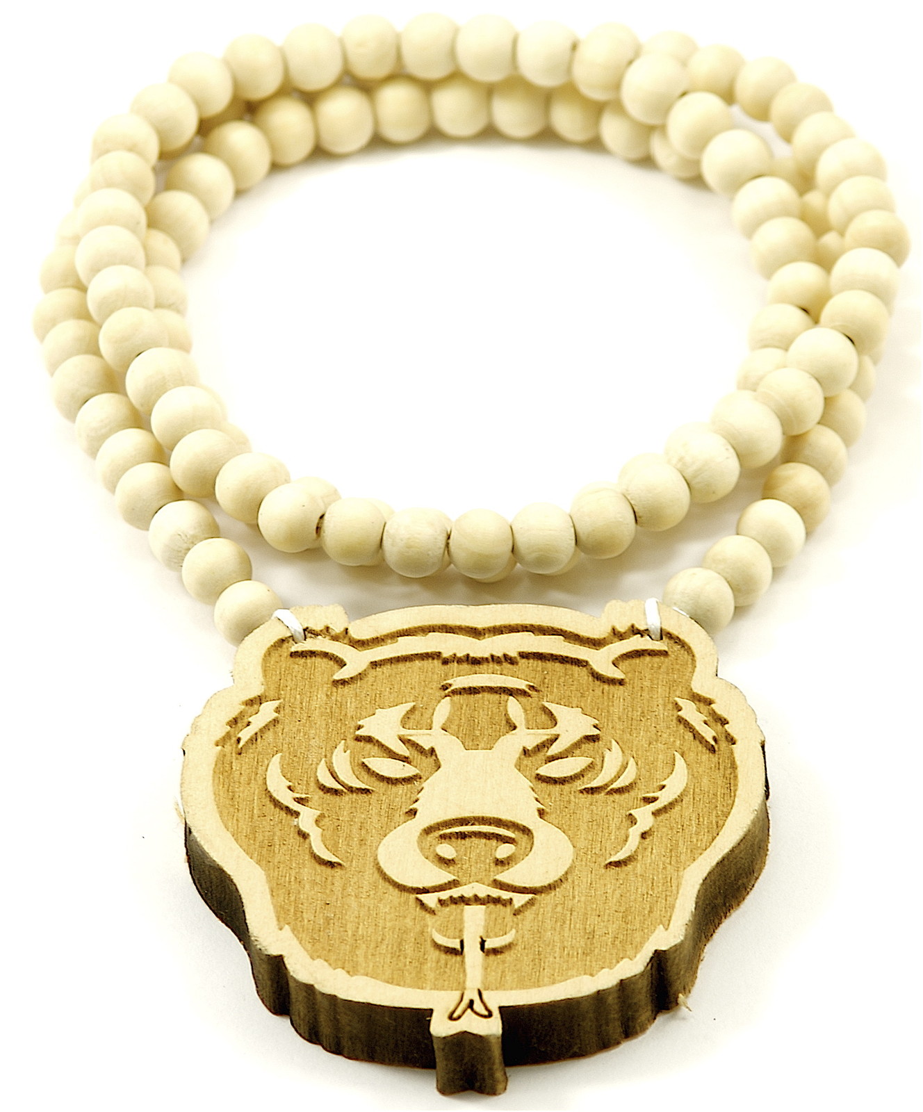 Bear Face Necklace New Good Wood Style Pendant With 36 Inch Wood Bead ...