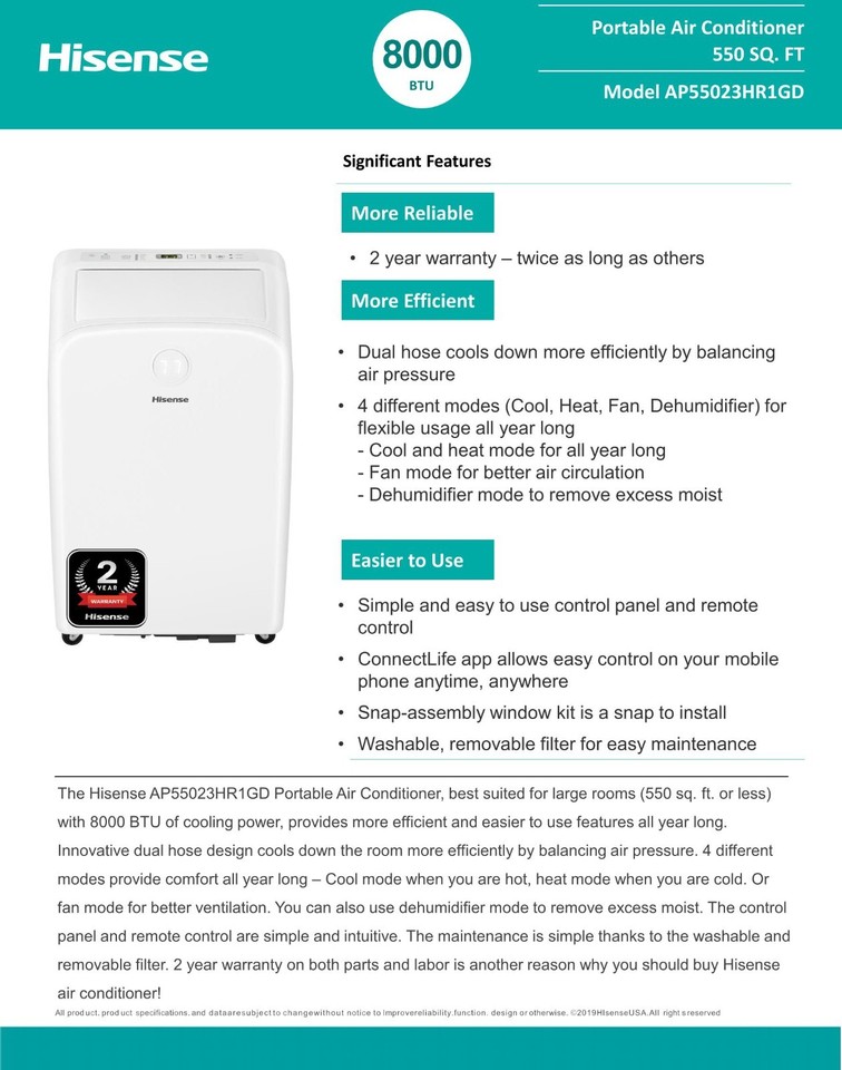 Hisense 550 sq ft Dual-hose Portable Air Conditioner with Built-in Heat ...