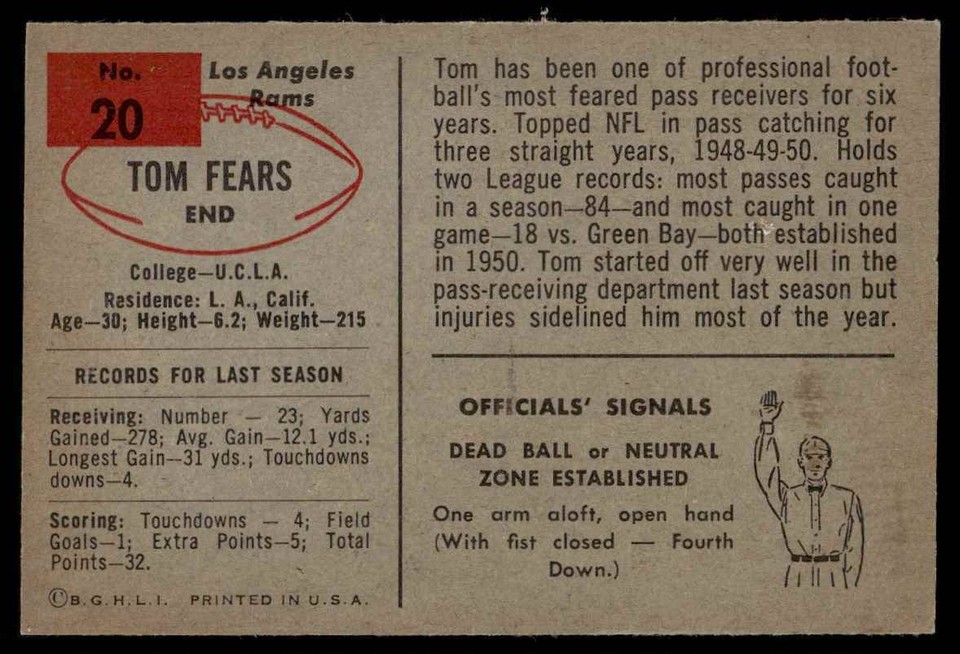 1954 Bowman Tom Fears Los Angeles Rams #20 C88 | eBay
