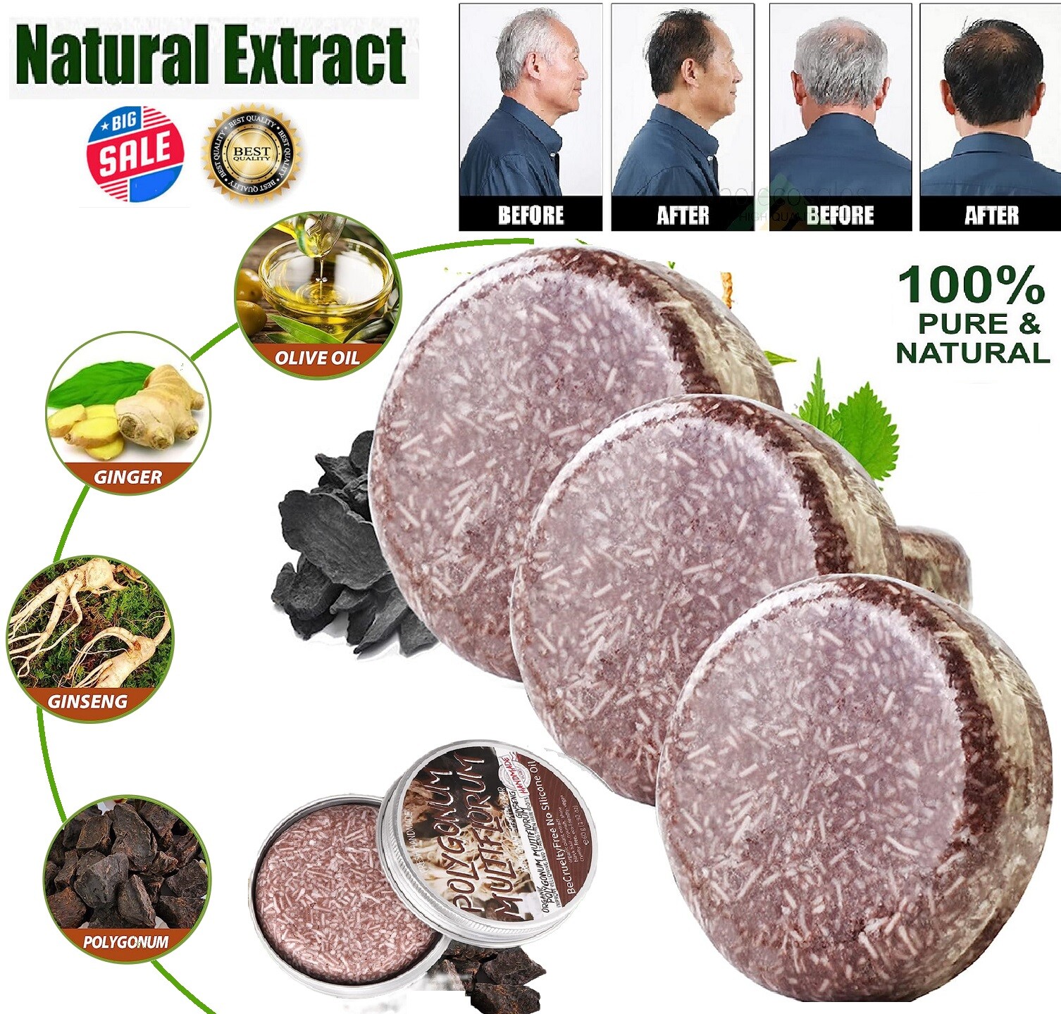 3 × Hair Darkening Bar Shampoo Organic Polygonum Essence Hair Darkening ...