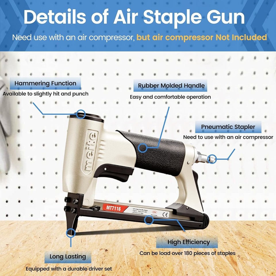 meite MT7116 Pneumatic Staple Gun 22 Gauge 1/4" to 5/8" Air Upholstery ...