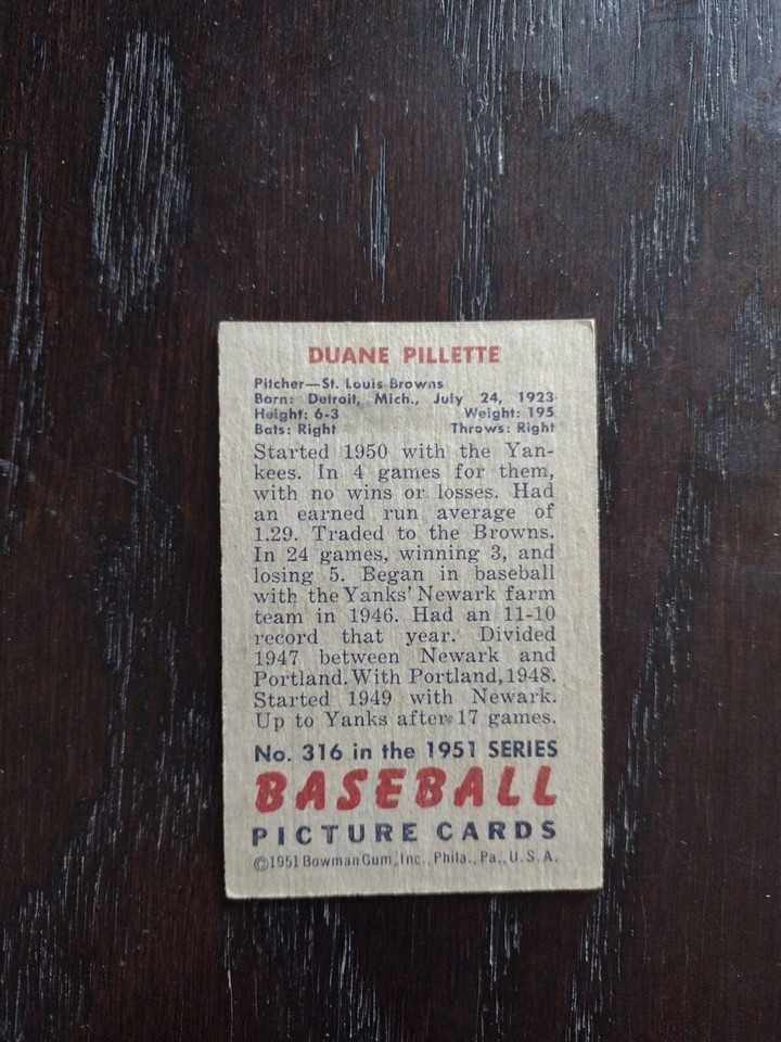 1951 Bowman #316 Duane Pillette RC St Louis Browns No Creases St | eBay