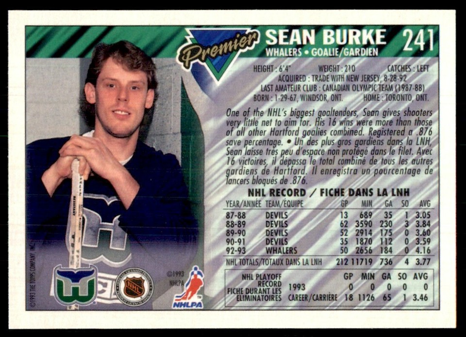 1993-94 Topps Premier Sean Burke Hartford Whalers #241 | eBay