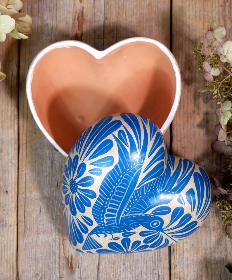 Lg Heart Trinket Box Turquoise & Cream Clay Handmade Mexican Folk Art ...