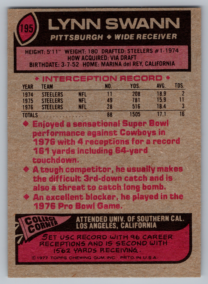 1977 TOPPS #195 LYNN SWANN STEELERS | eBay