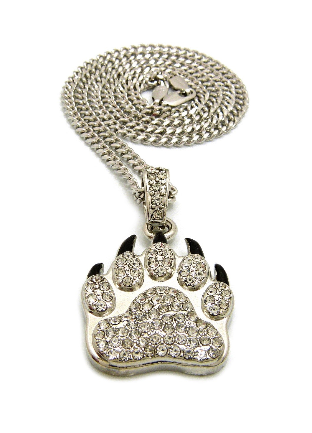 ICED SILVER PLATED GRIZZLY BEAR PAW PENDANT & 24" BOX, CUBAN CHAIN ...