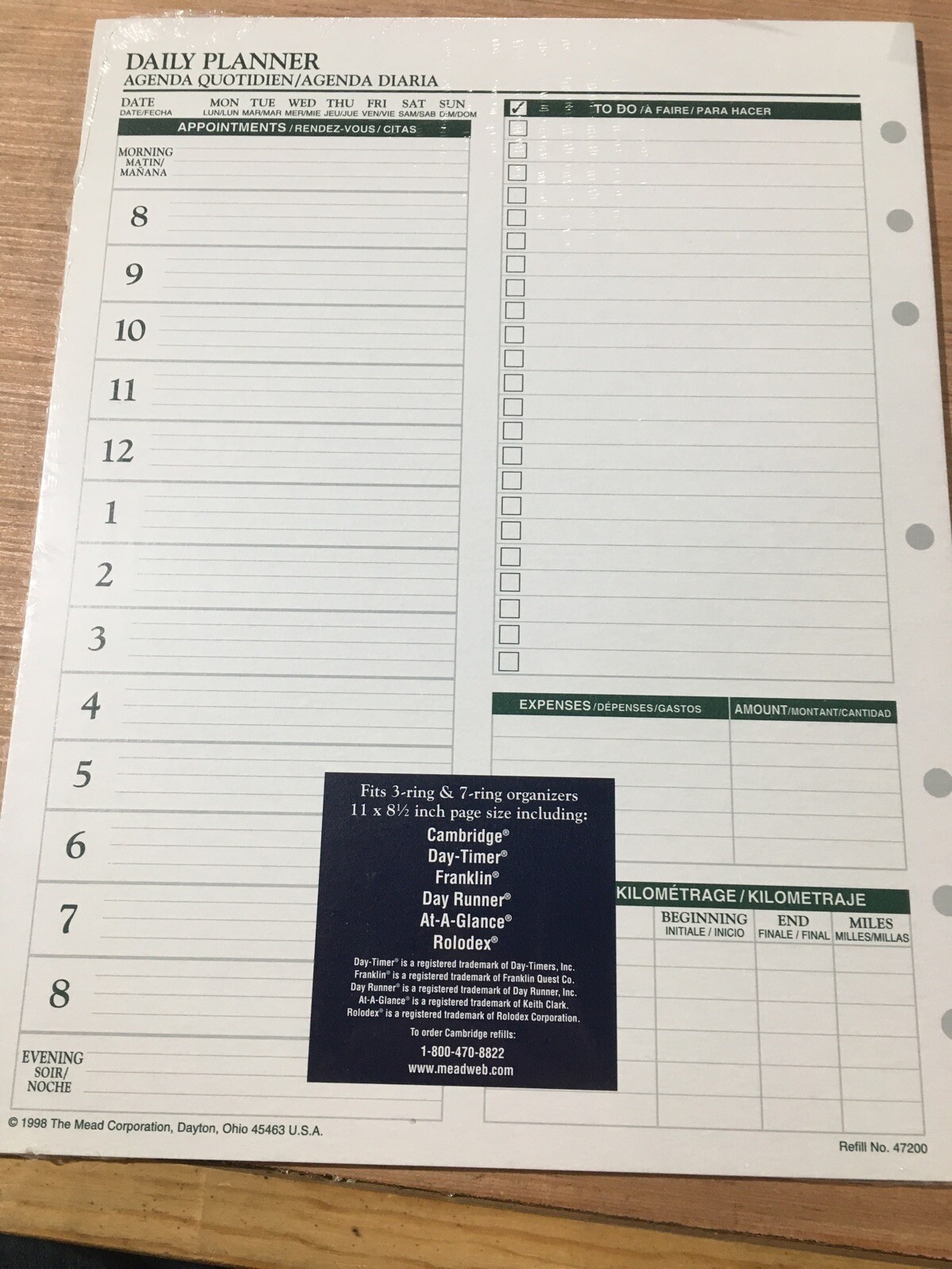 Mead Planner 47200 Refill Undated Daily Planner 30 Sheets Franklin Day ...