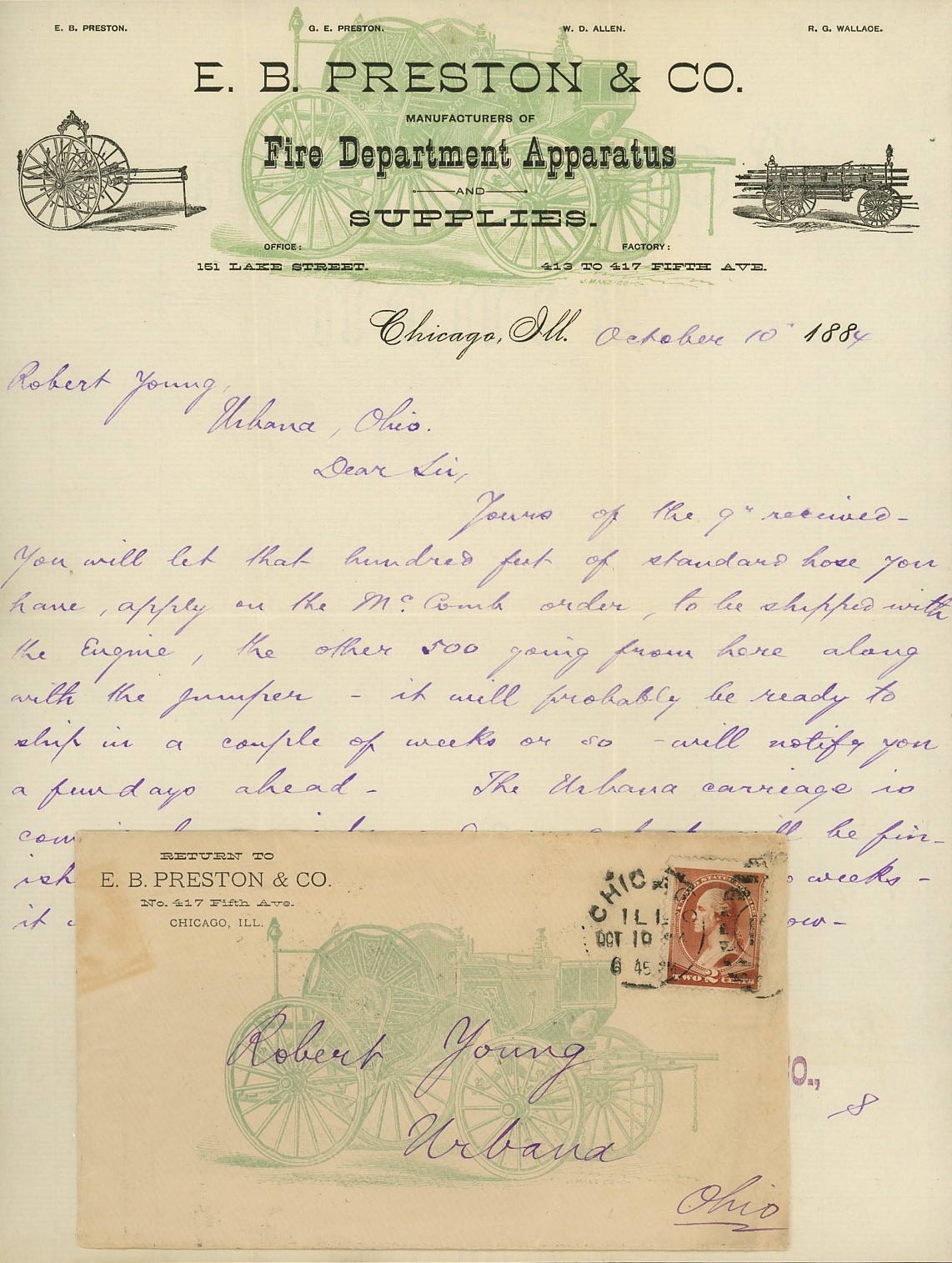 1884 E.B. Preston Fire Department Supplies Letter and Cover Chicago, IL ...