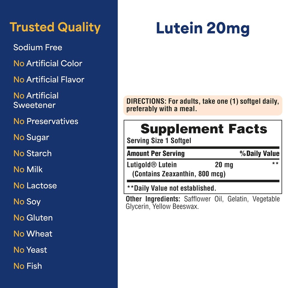 Puritans Pride Premium Lutigold Lutein Carotenoid 20mg with Zeaxanthin ...