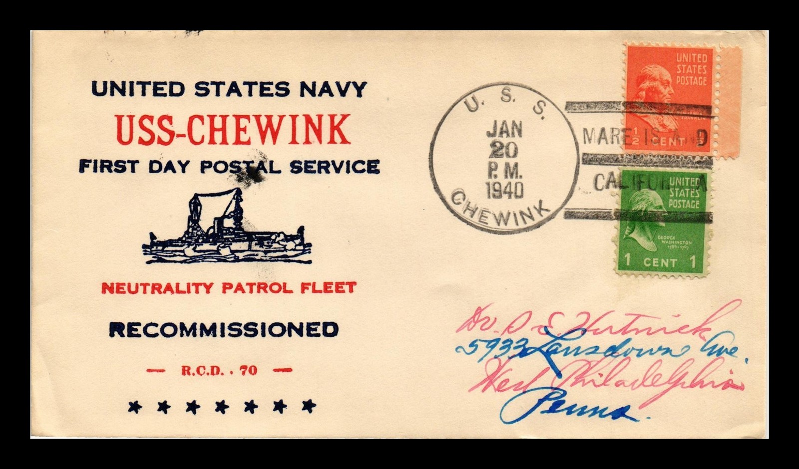 US COVER USS CHEWINK MARE ISLAND CALIFORNIA NAVAL CANCEL RECOMMISSIONED ...