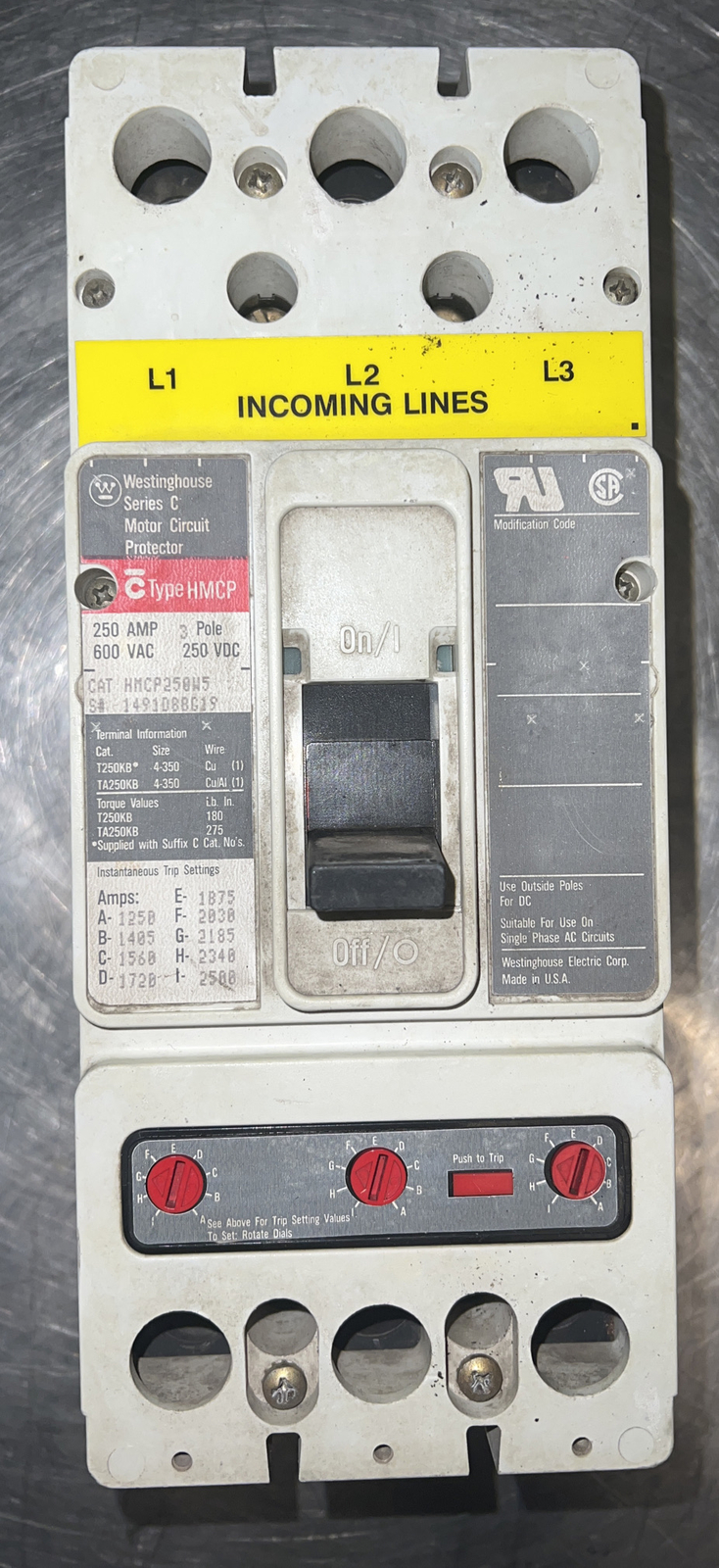 WESTINGHOUSE HMCP HMCP250W5 3 Pole 250 Amp 600 V Motor Circuit ...