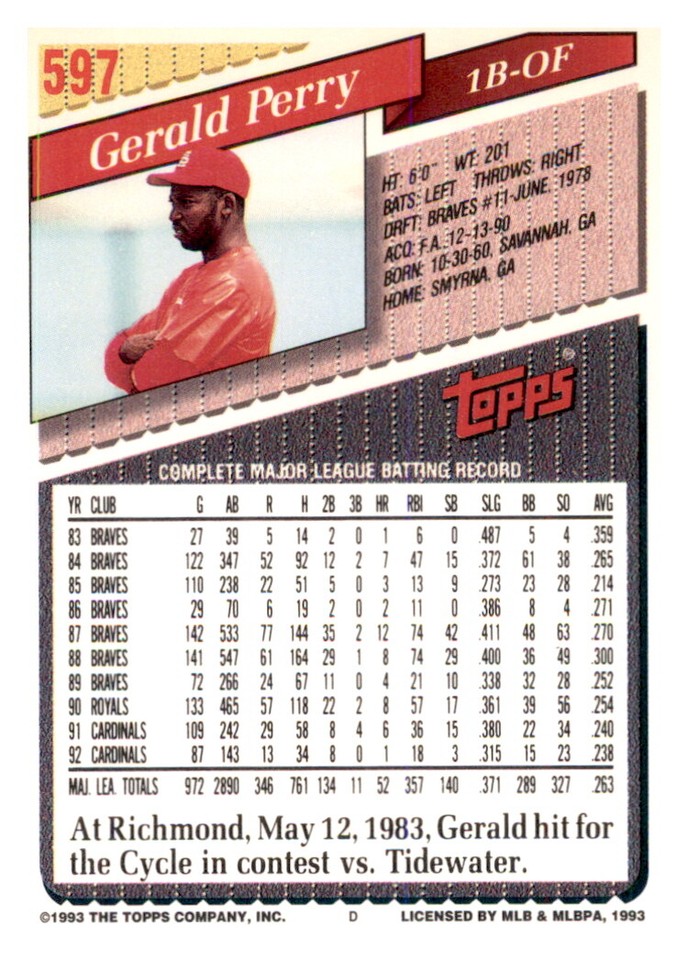 1993 Topps Gold Gerald Perry Foil MLB Insert PWE Cardinals #597 | eBay