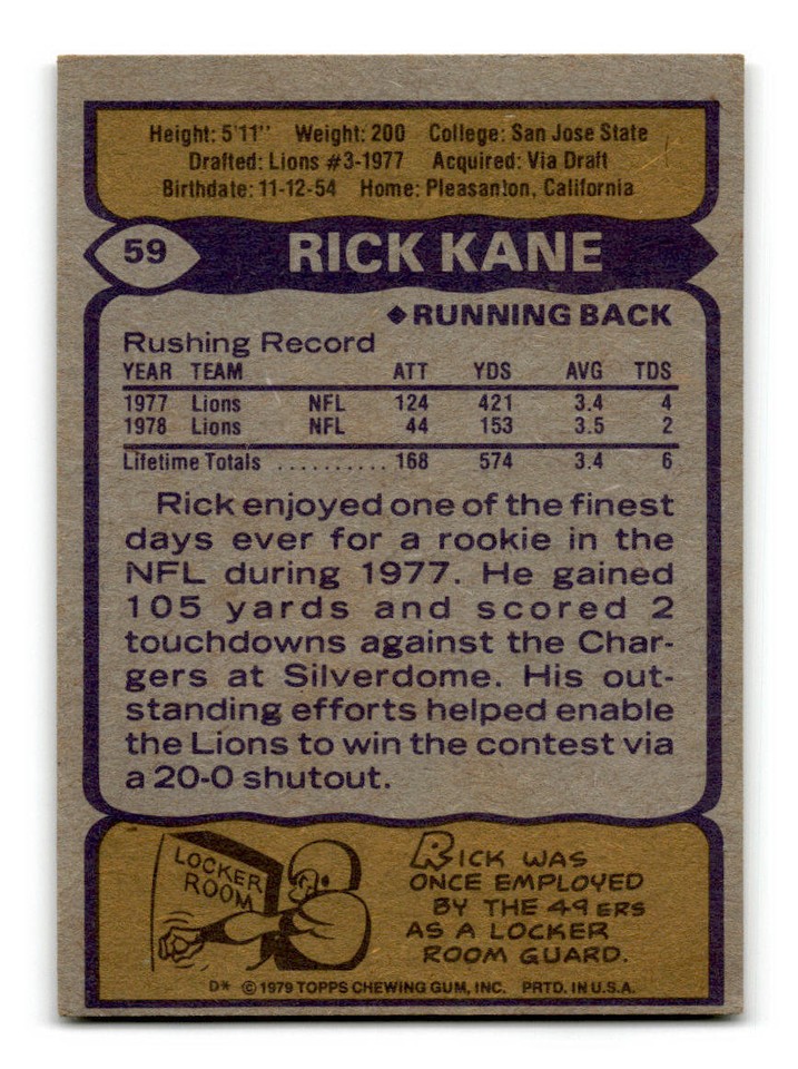 1979 Topps Rick Kane #59 Detroit Lions | eBay