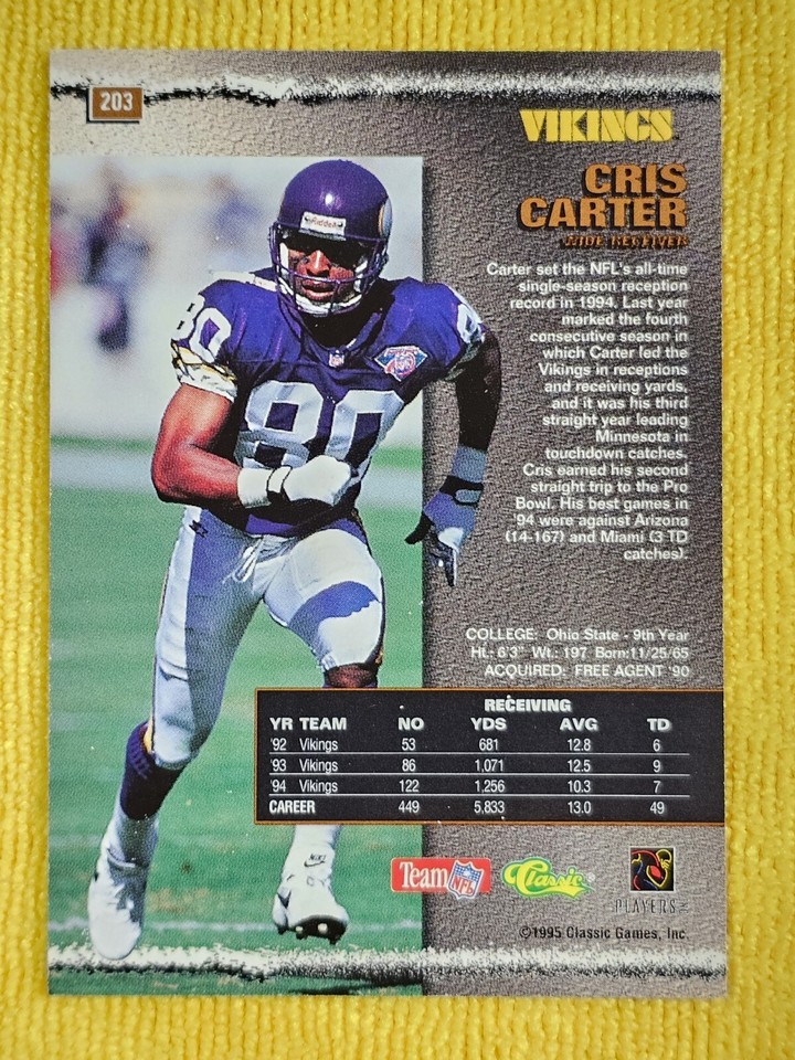 1995 Pro Line Silver 🏈 Football Card #203 Cris Carter WR Minnesota ...