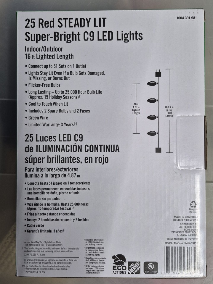 Home Accents Holiday 25 Red C9 LED Lights 16 Ft., Steady Lit Cool Touch ...