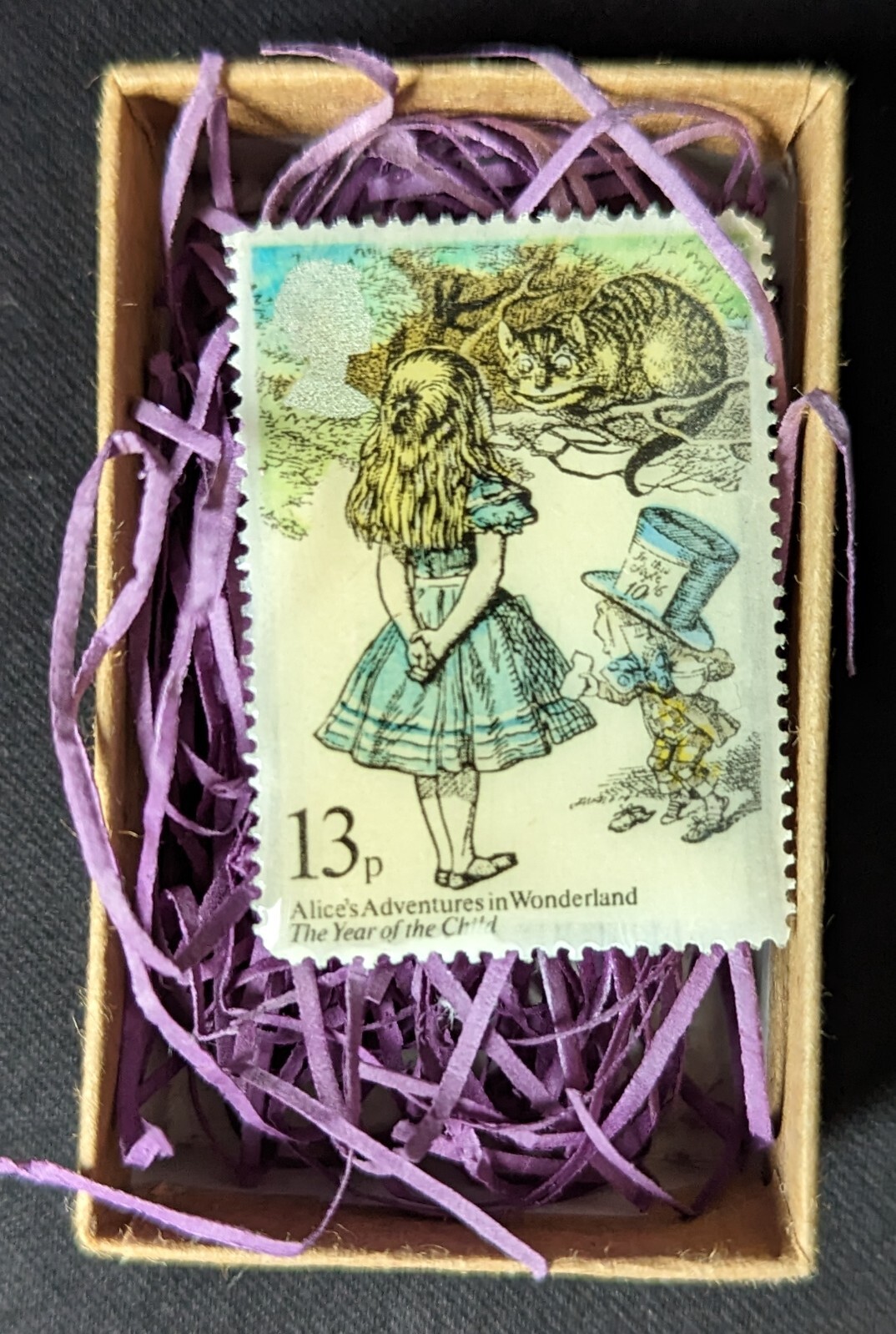 Alice In Wonderland 13 Pence Postage Stamp Pin in Box, Handmade In San ...