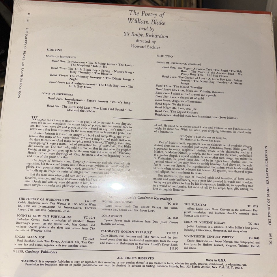 The Poetry of William Blake Read By Sir Ralph Richardson Vinyl Sealed ...