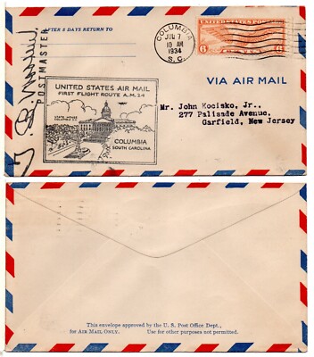 FIRST FLIGHT - Columbia, South Carolina (Signed by Postmaster) 1934 ...