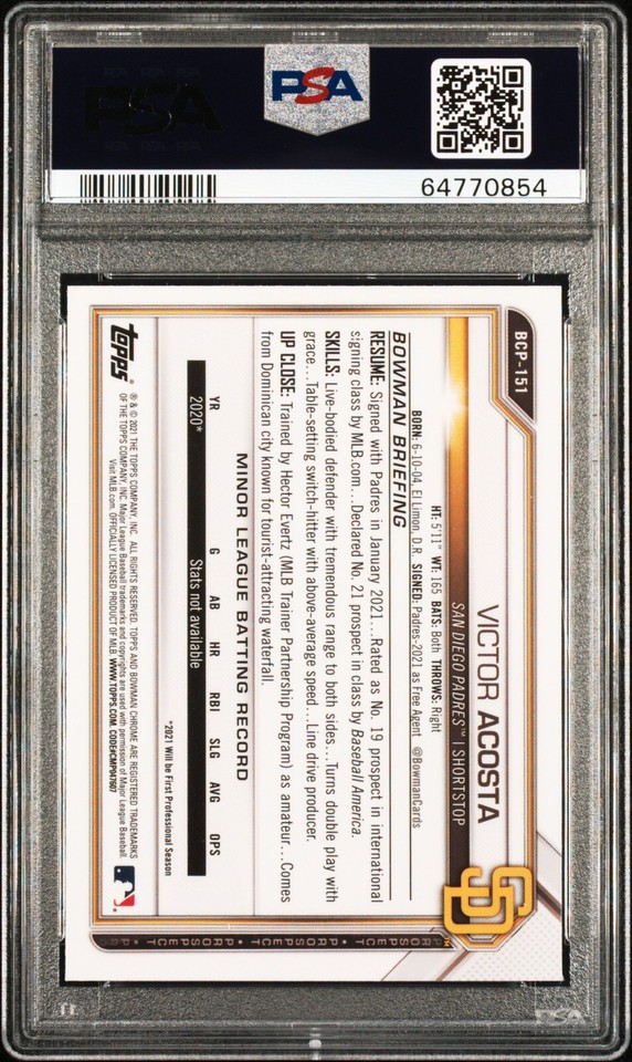 Victor Acosta SIGNED 2021 Bowman Chrome Autographed Auto Card PSA 8/10 ...