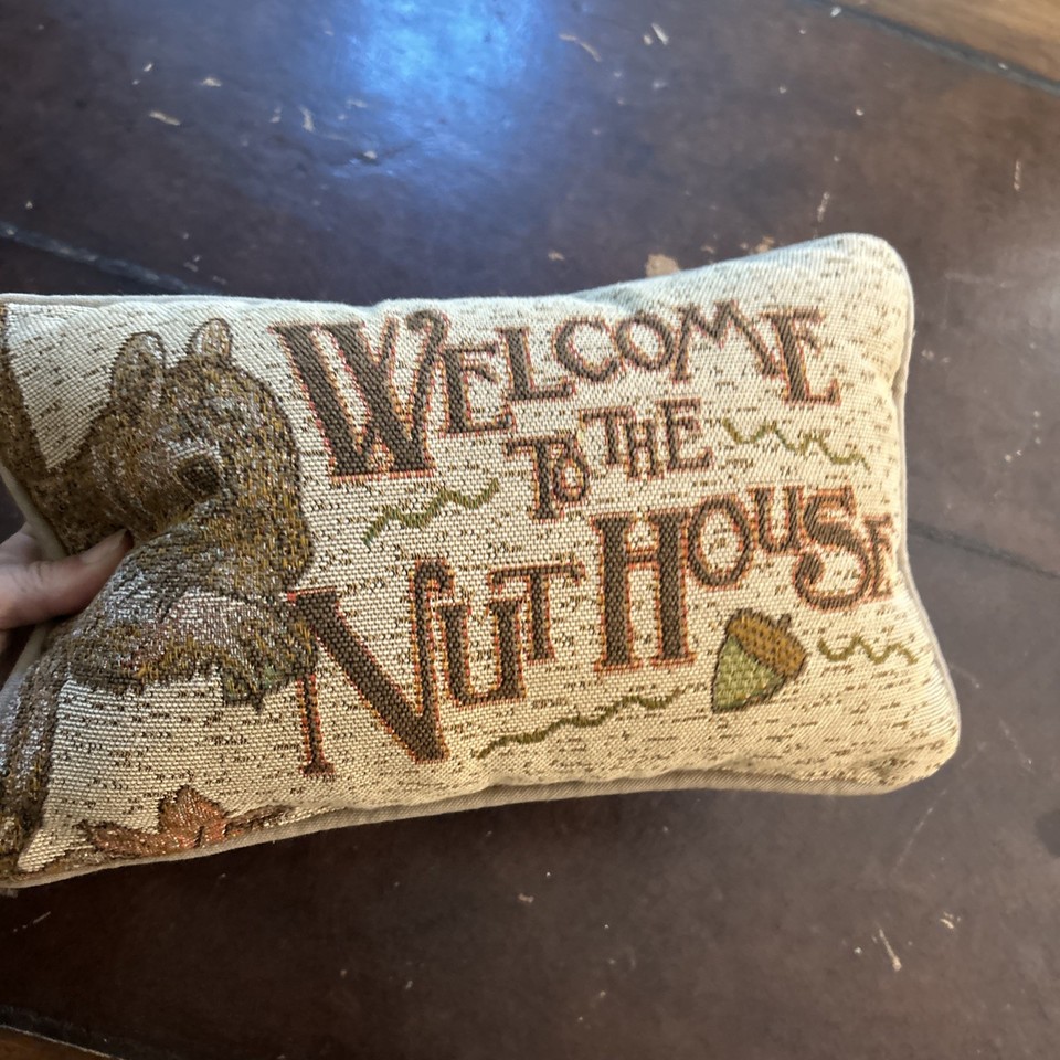 Rustic Welcome To The Nuthouse Tapestry Pillow w/ Squirrel & Acorn ...