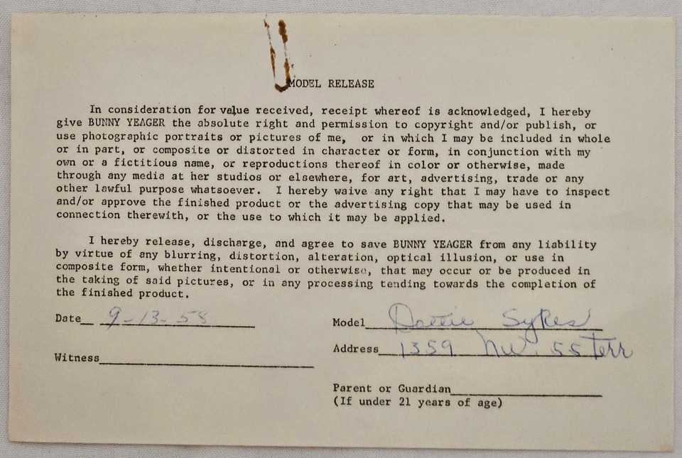 Bunny Yeager Signed Estate 1958 Model Release Form Dottie Sykes | eBay