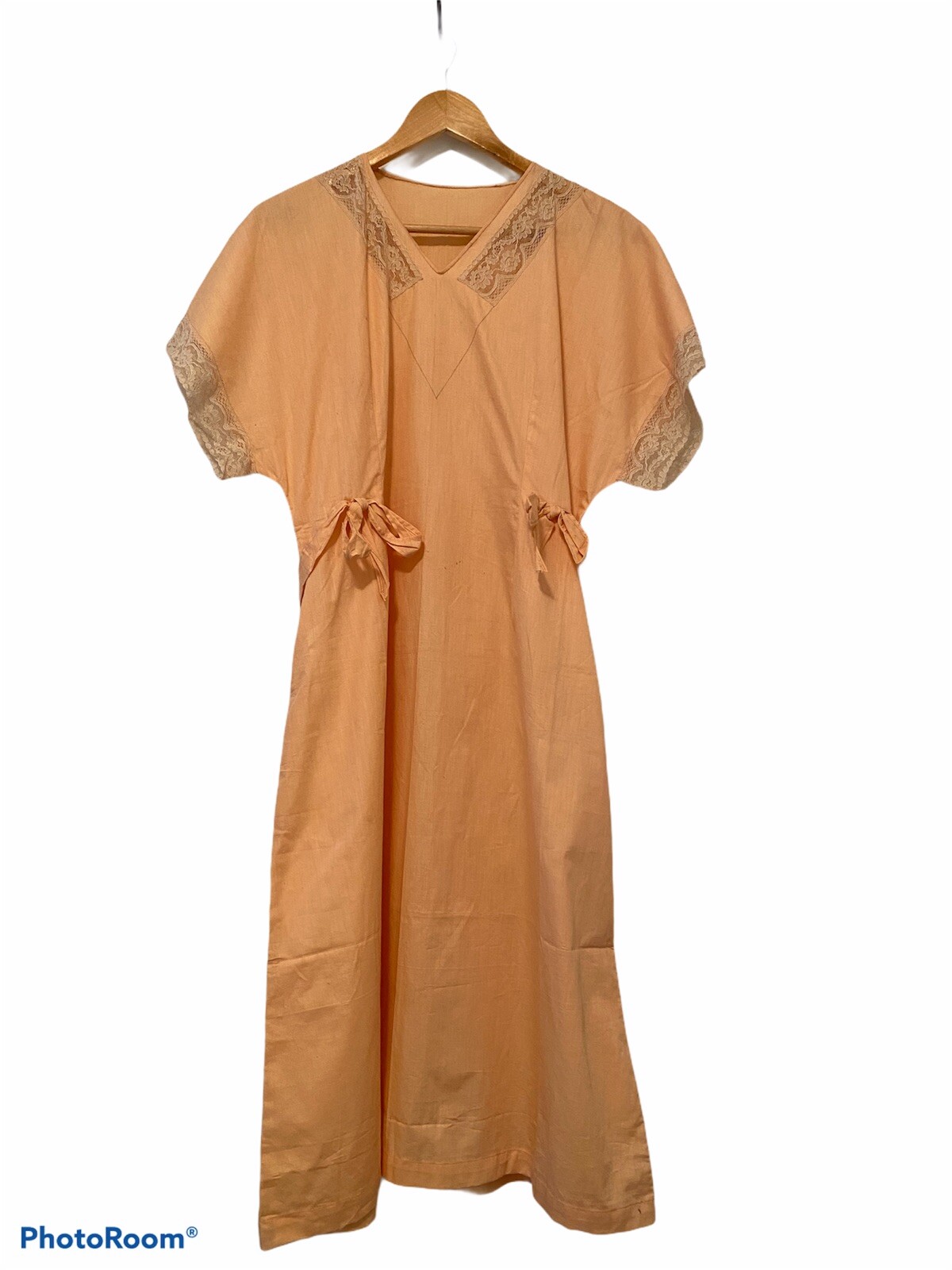 1920s Sz M / L Night Gown Nightie Peach Cotton Lace S… - Gem