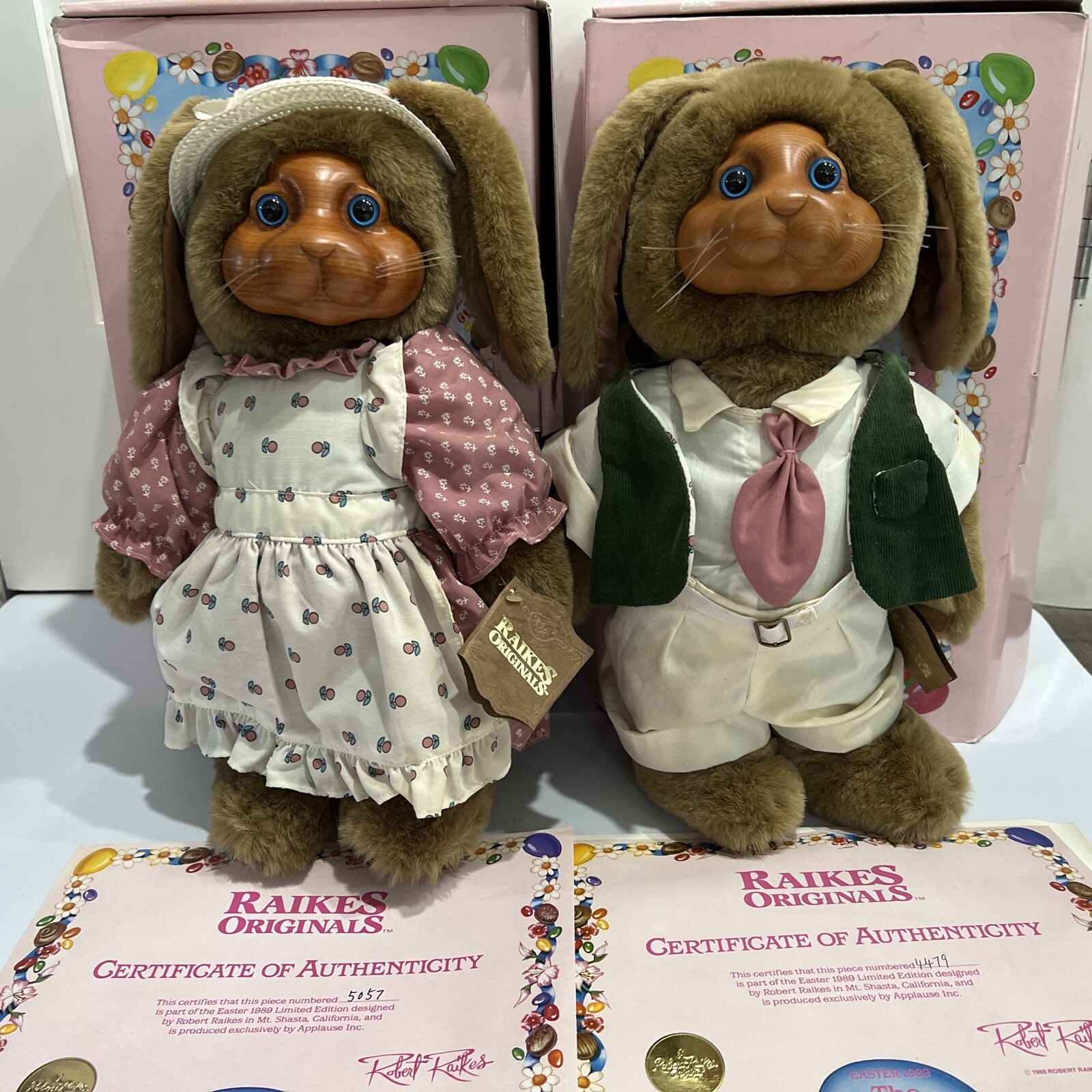 1988 RAIKES Original Hand Carved Wood Face Mr. Nickleby & Mrs. Nickleby ...