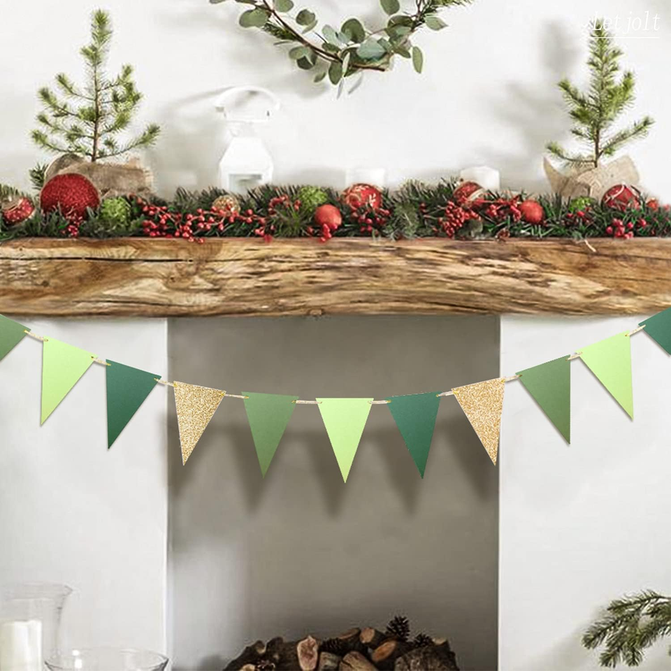 10 Ft Golden Green Triangle Banner Greenery Party Decor for New Year ...