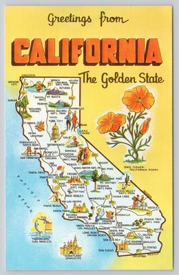 Vintage Greetings from California Photochrome Map Postcard with State ...