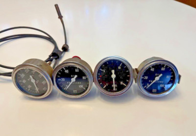 Vtg Stewart Warner Block Letter 2 5/8" Gauge Set Water Oil Fuel Hot Rod ...