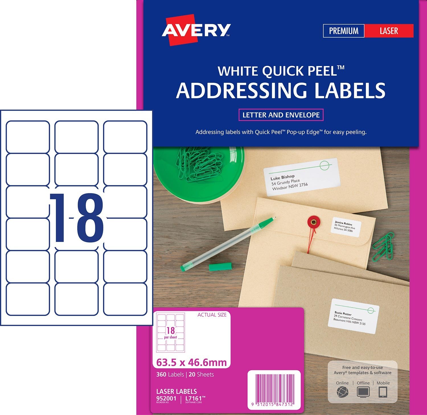 AVERY LABEL AVERY LASER L7161 RETAIL PK 18 UP 952001 PK20 for sale ...