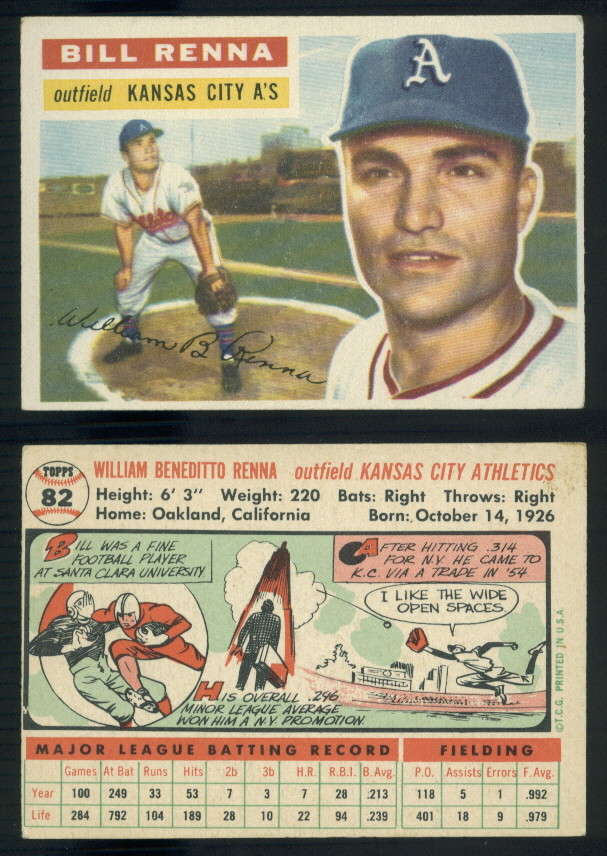 (57095) 1956 Topps 82 Bill Renna White Back Athletics-VGX | eBay
