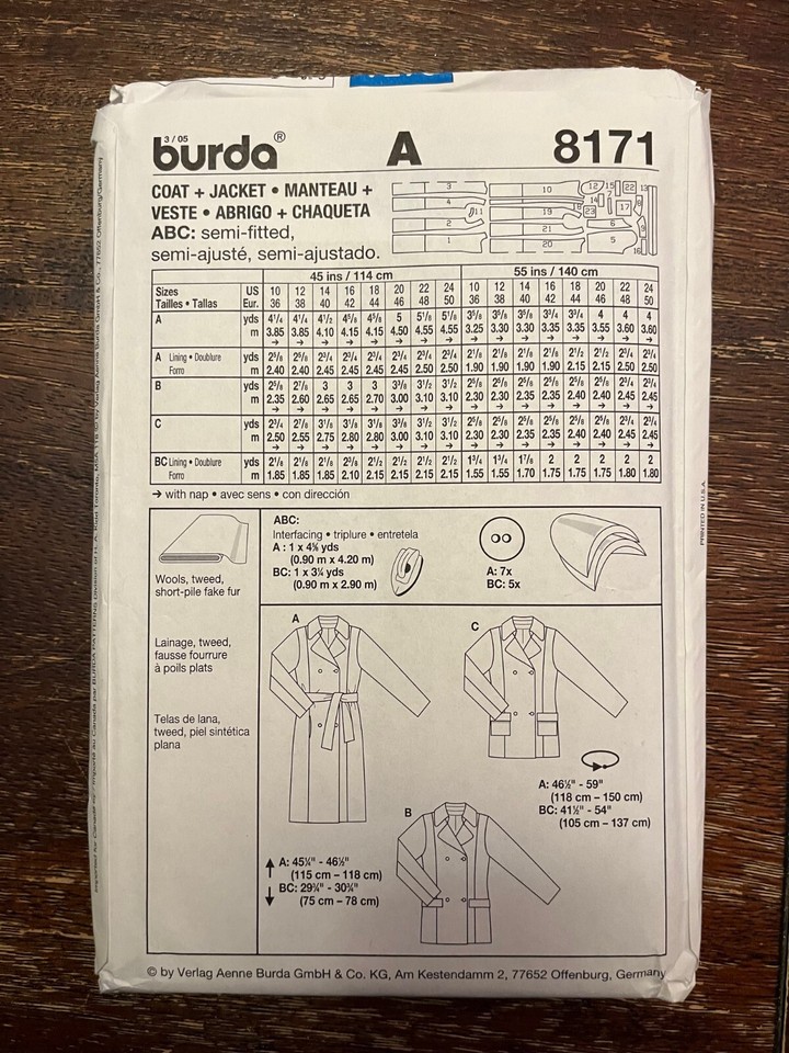 Burda 8171 UNCUT Sewing Pattern, Misses' Coat/Jacket, Size 10-24 | eBay